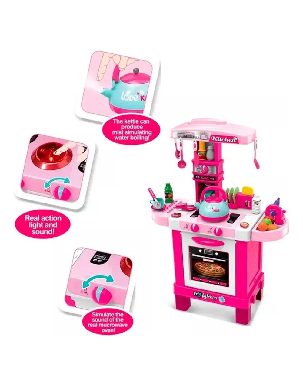 Cocina Grande De Juguete Rosada Luces, Sonidos, Tetera Humo