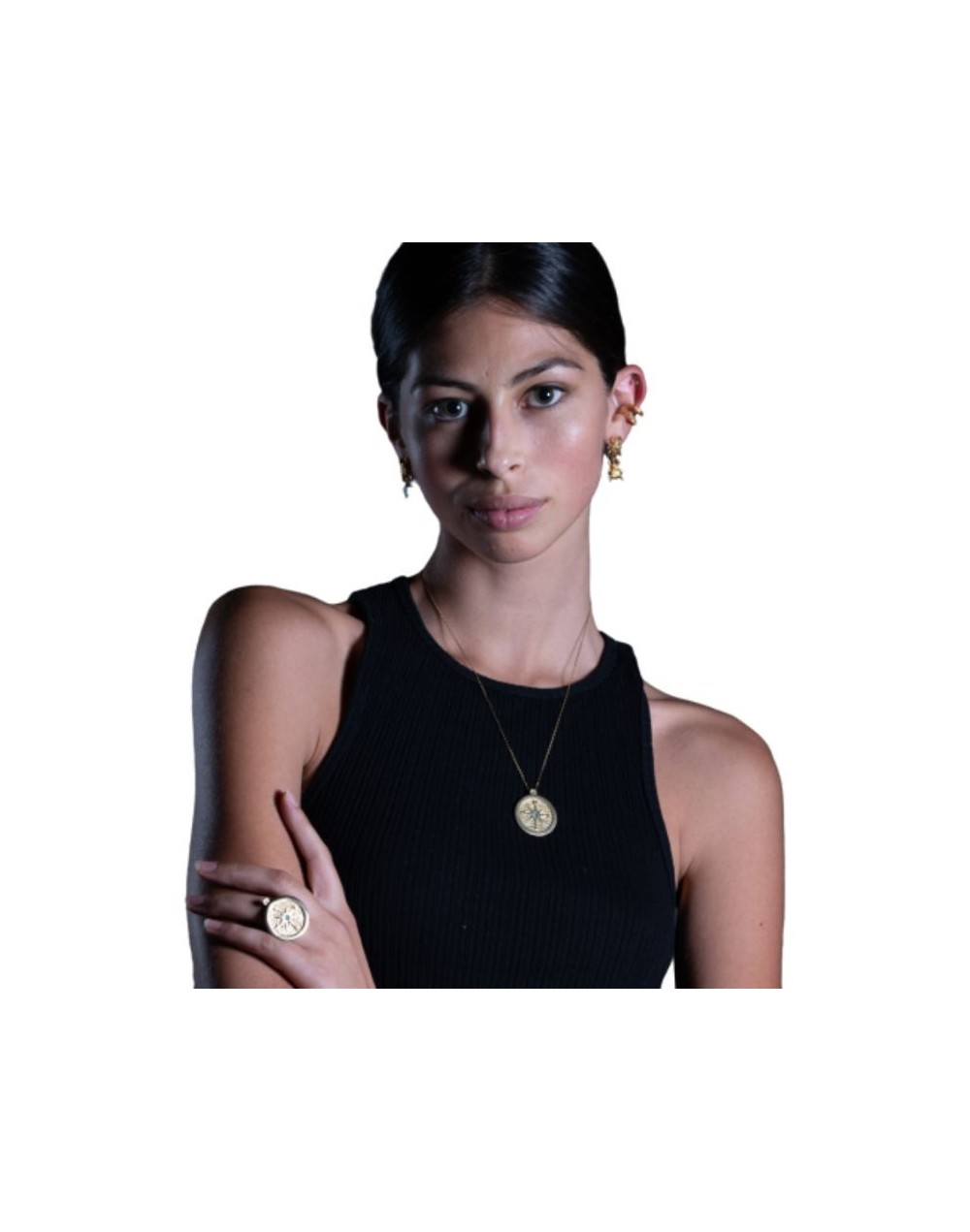 Collar brújula de plata y esmeralda